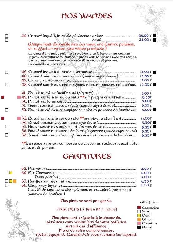 Menus & Plats – Le Canard D’or